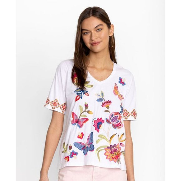 Johnny Was | Tops | Johnny Was Gracey Trapunto V Neck Tee Shirt White Butterfly Embroidery Top ...